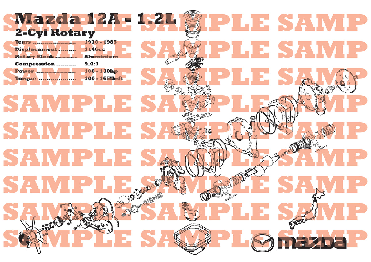 Mazda 12A 1.2L exploded view poster – EngineMaps
