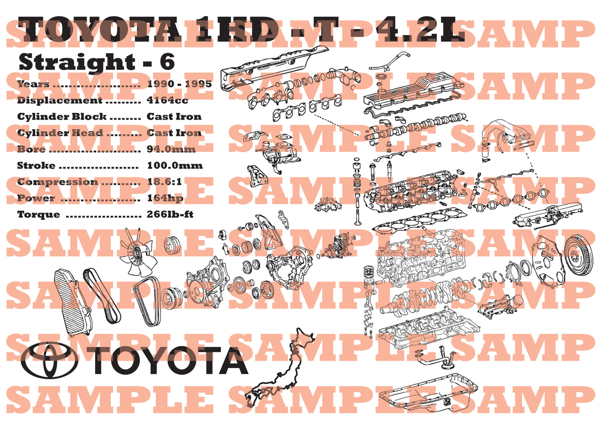 Toyota 1HD-T 4.2L exploded view poster – EngineMaps
