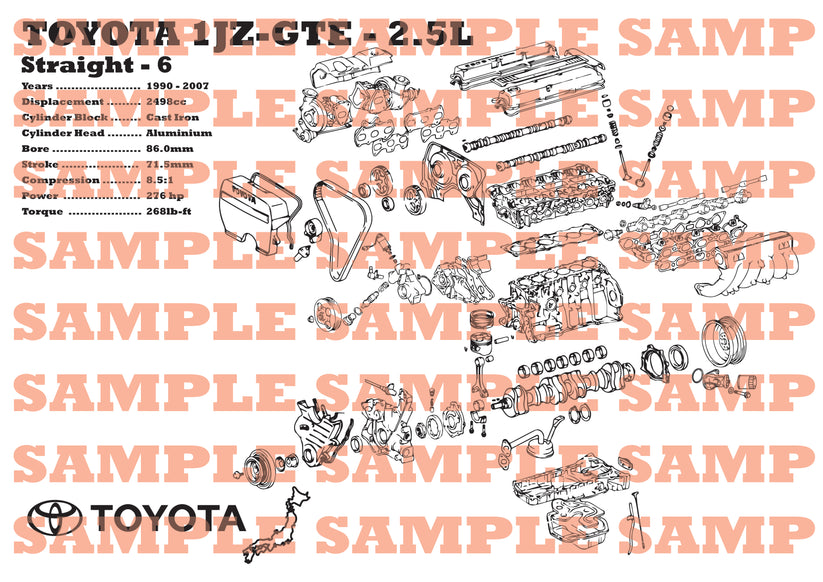 Toyota 1JZ-GTE 2.5L exploded view poster – EngineMaps