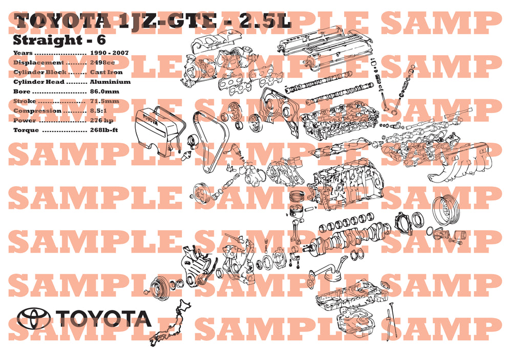 Toyota 1JZ-GTE 2.5L exploded view poster – EngineMaps