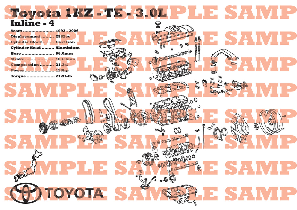 Toyota 1KZ-TE 3.0L Exploded View Poster – EngineMaps