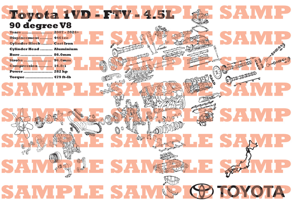 Toyota 1VD-FTV 4.5L exploded view poster – EngineMaps