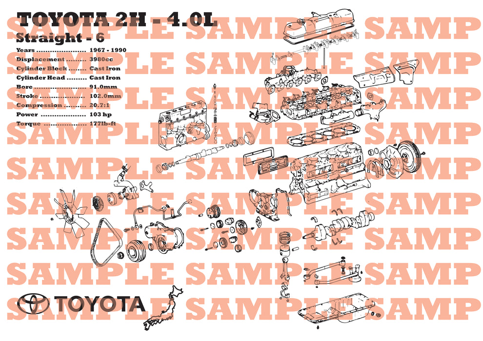 Toyota 2H 4.0L exploded view poster – EngineMaps