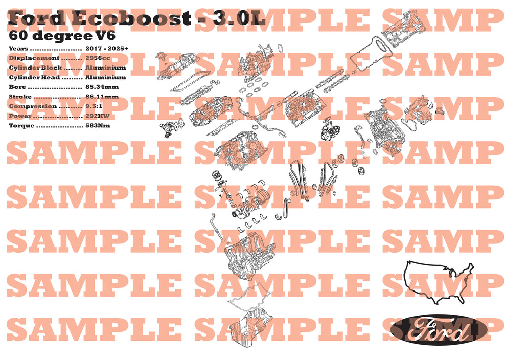 Ford Ecoboost 3.0L Exploded view poster – EngineMaps