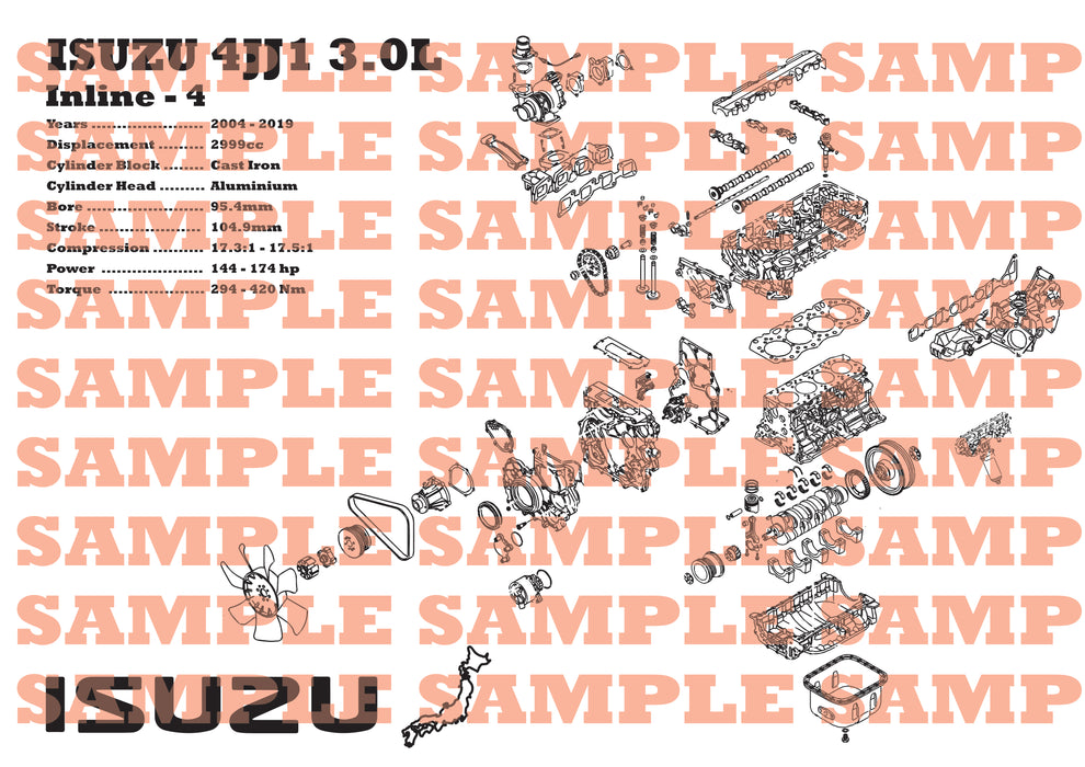 Isuzu 4JJ1 3.0L exploded view poster – EngineMaps