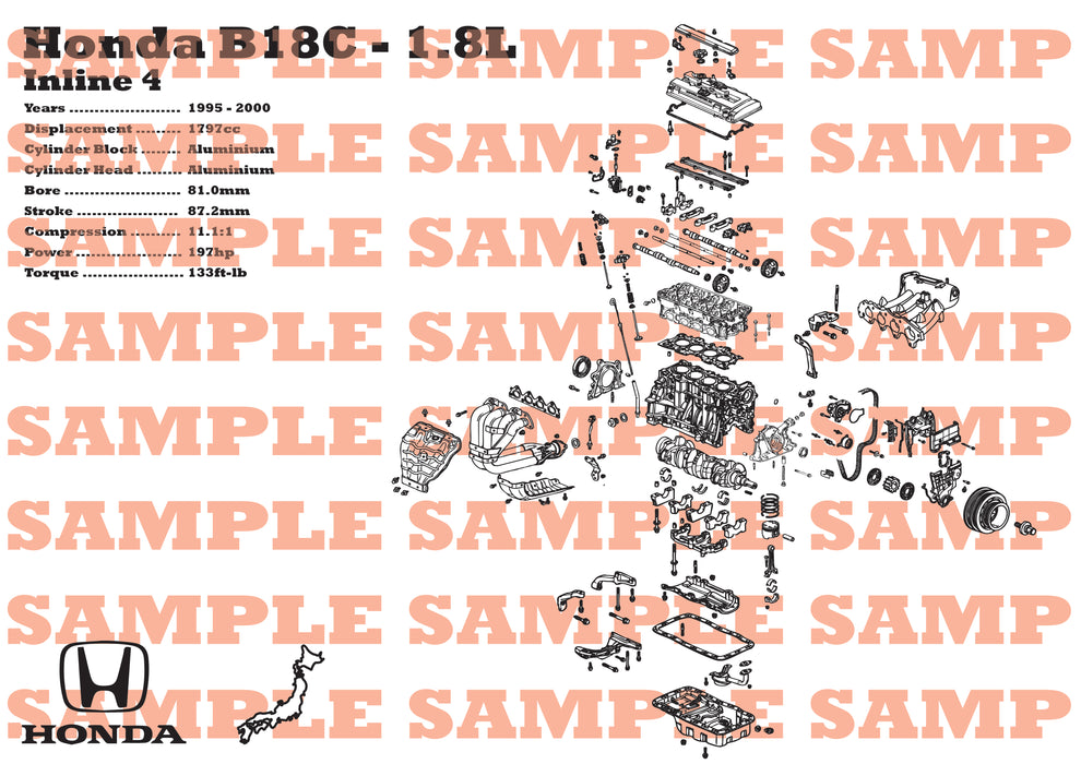 Honda B18C (JDM Type R) 1.8L Exploded View Poster – EngineMaps