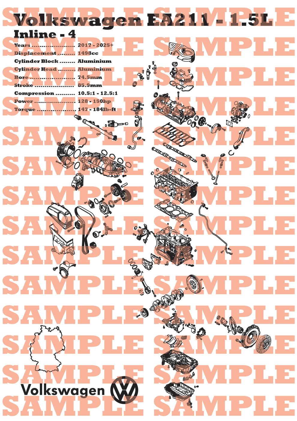 Volkswagen EA211 1.5L exploded view poster – EngineMaps
