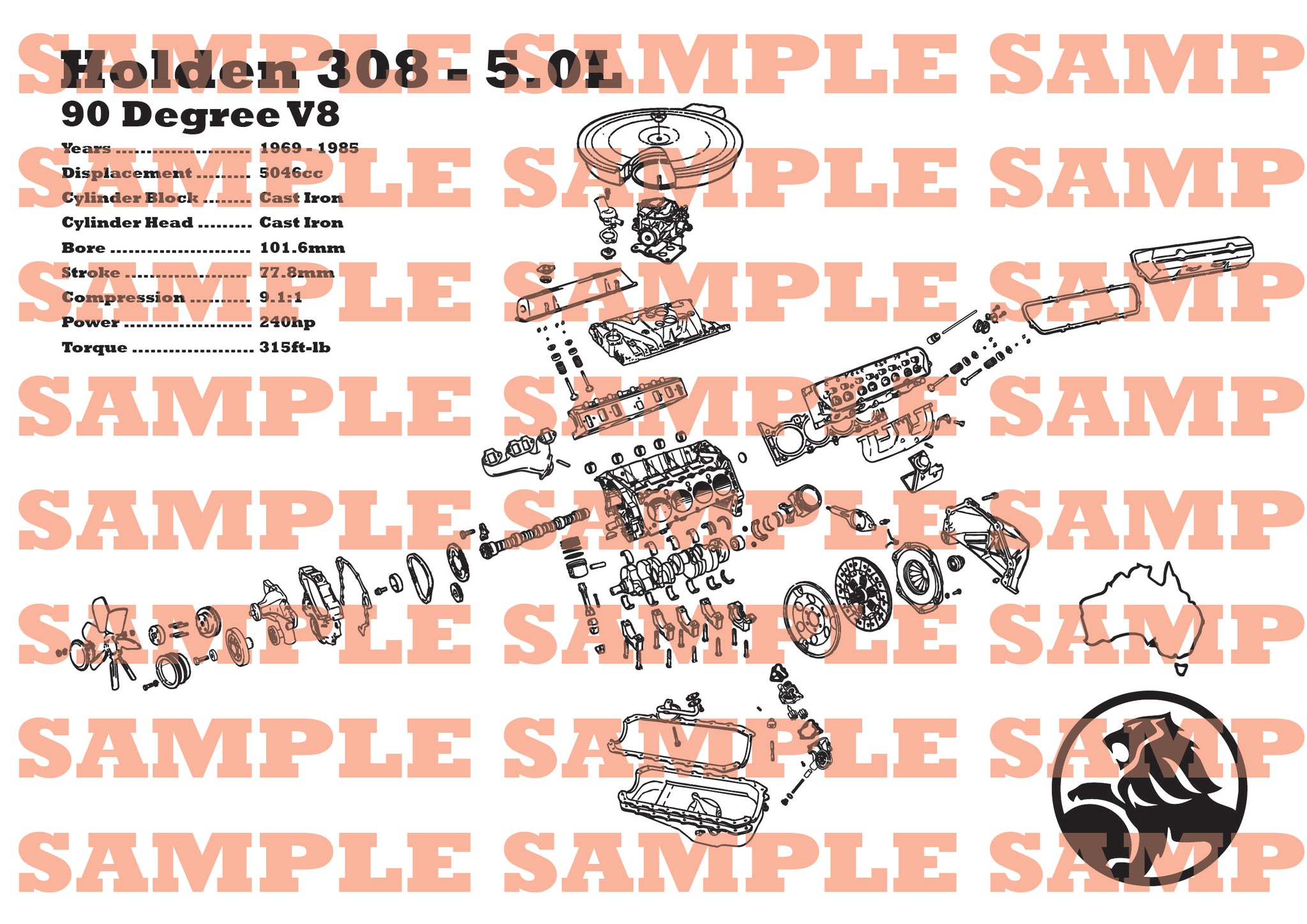 Holden 308 5.0L Engine Exploded View Poster – EngineMaps