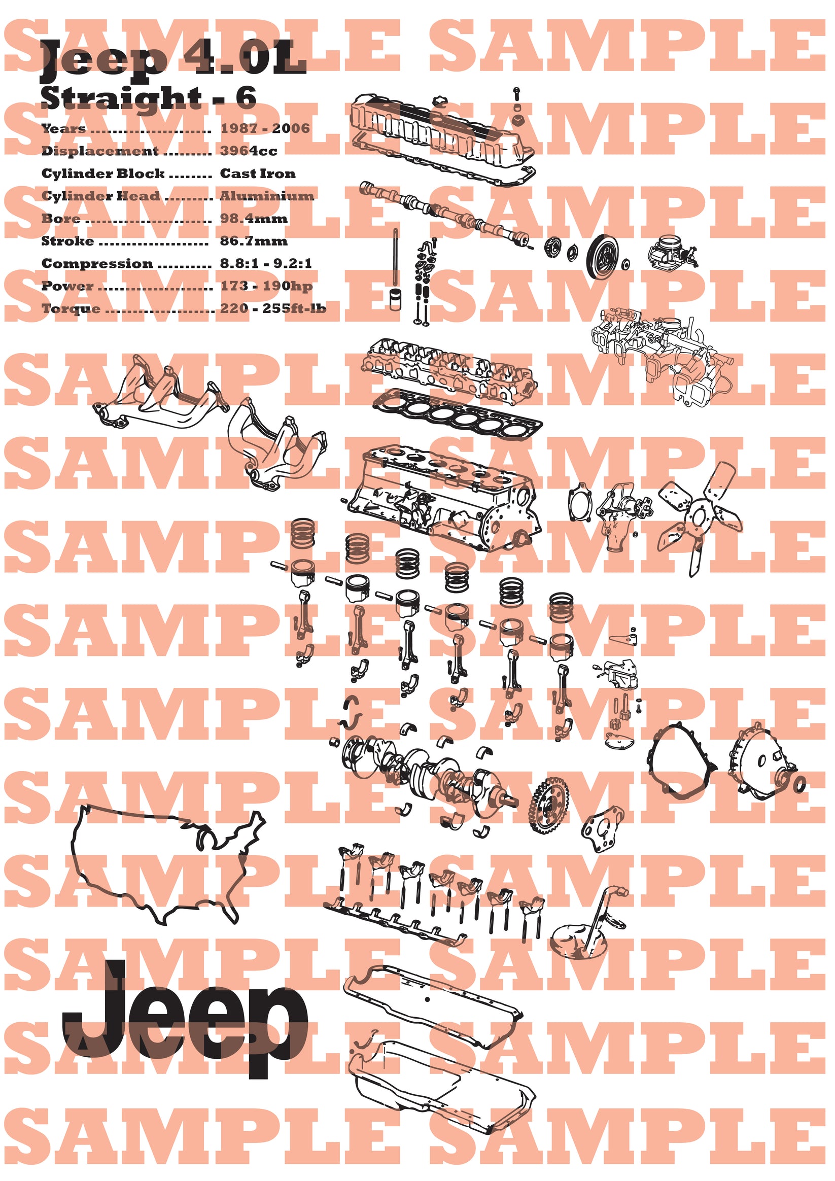 Jeep 4.0L inline 6 Exploded View Poster – EngineMaps