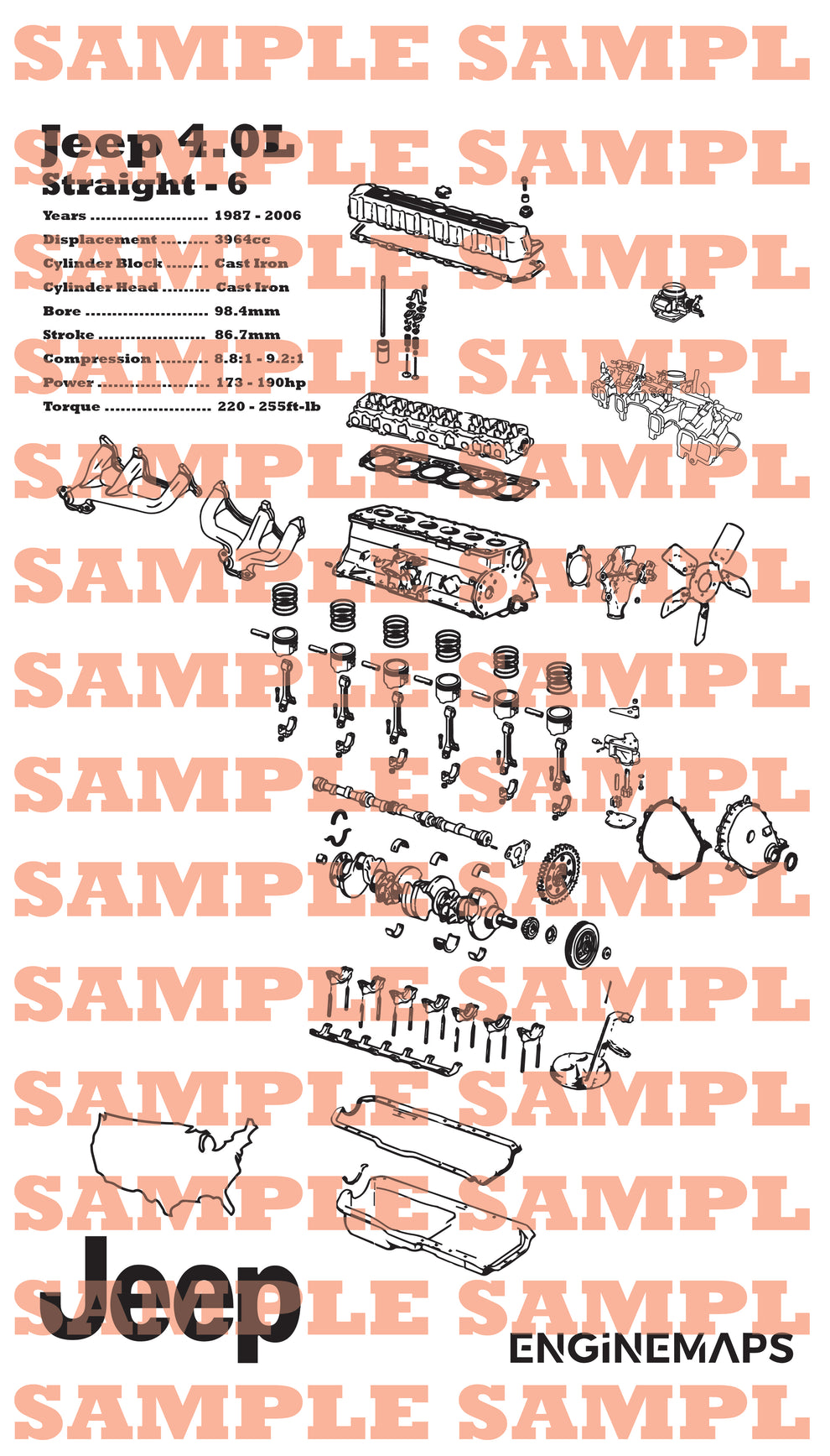 Jeep 4.0L straight 6 Exploded View Banner – EngineMaps
