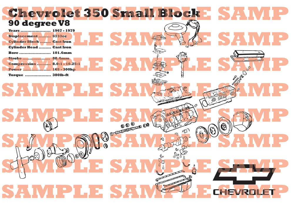 Chevrolet L48 350 small block 5.7L exploded view poster – EngineMaps