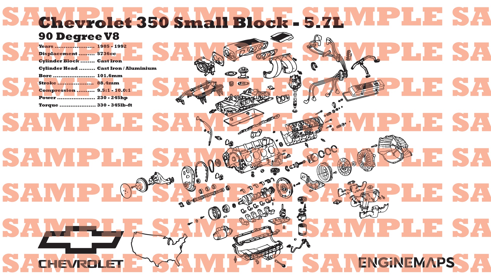 Chevrolet L98 350 small block 5.7L exploded view banner – EngineMaps