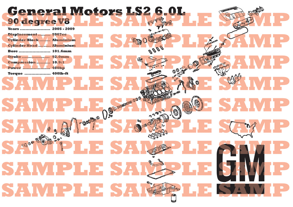 General Motors LS2 6.0L Exploded view poster – EngineMaps