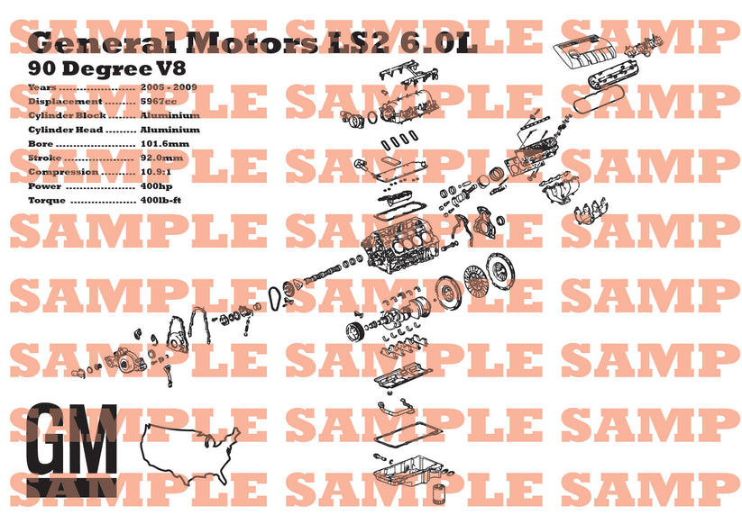 General Motors LS2 6.0L Exploded view poster – EngineMaps