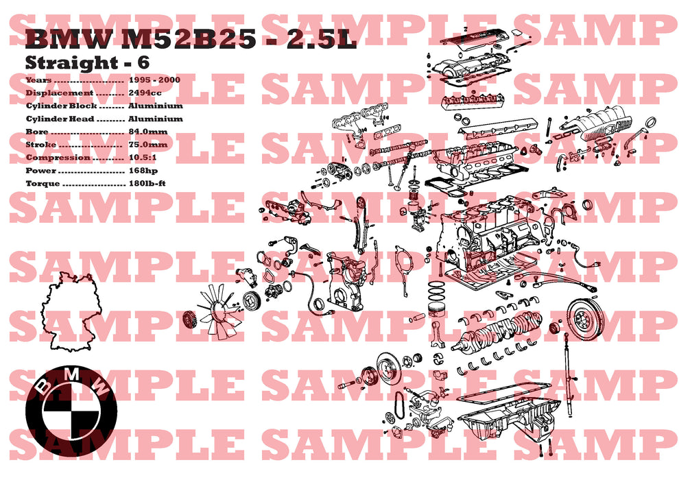 BMW M52B25 2.5L exploded view poster – EngineMaps