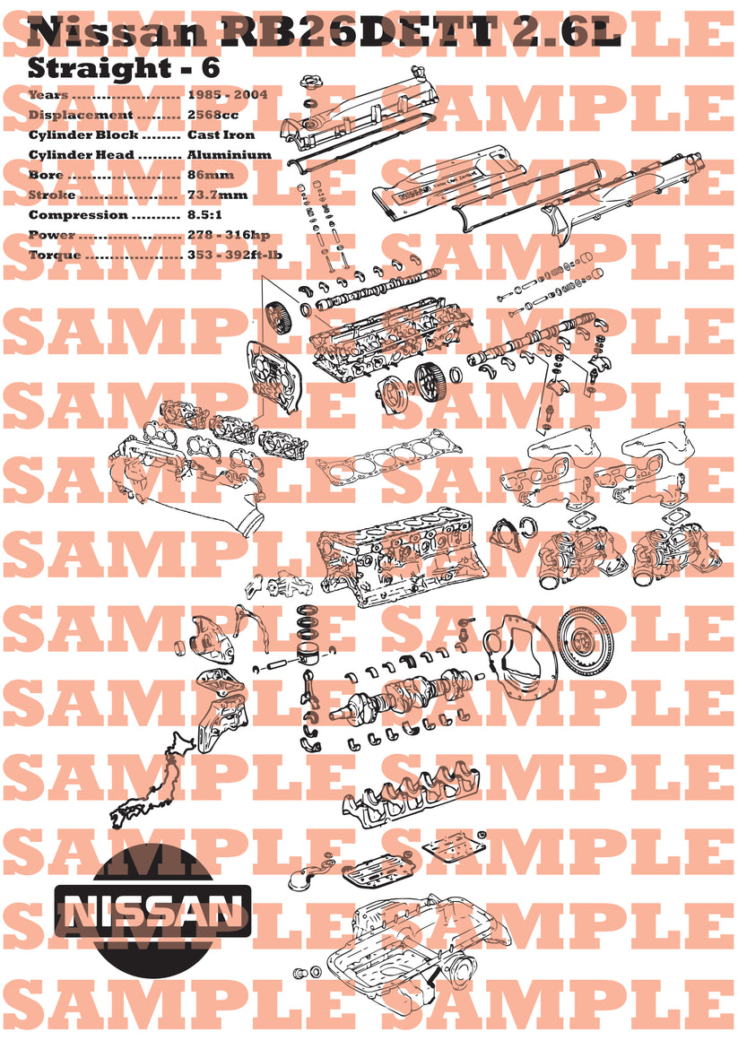 Nissan RB26DETT 2.6L exploded view poster – EngineMaps
