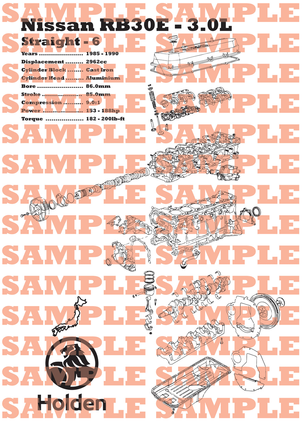 Nissan RB30E 3L Engine Exploded View Poster – EngineMaps