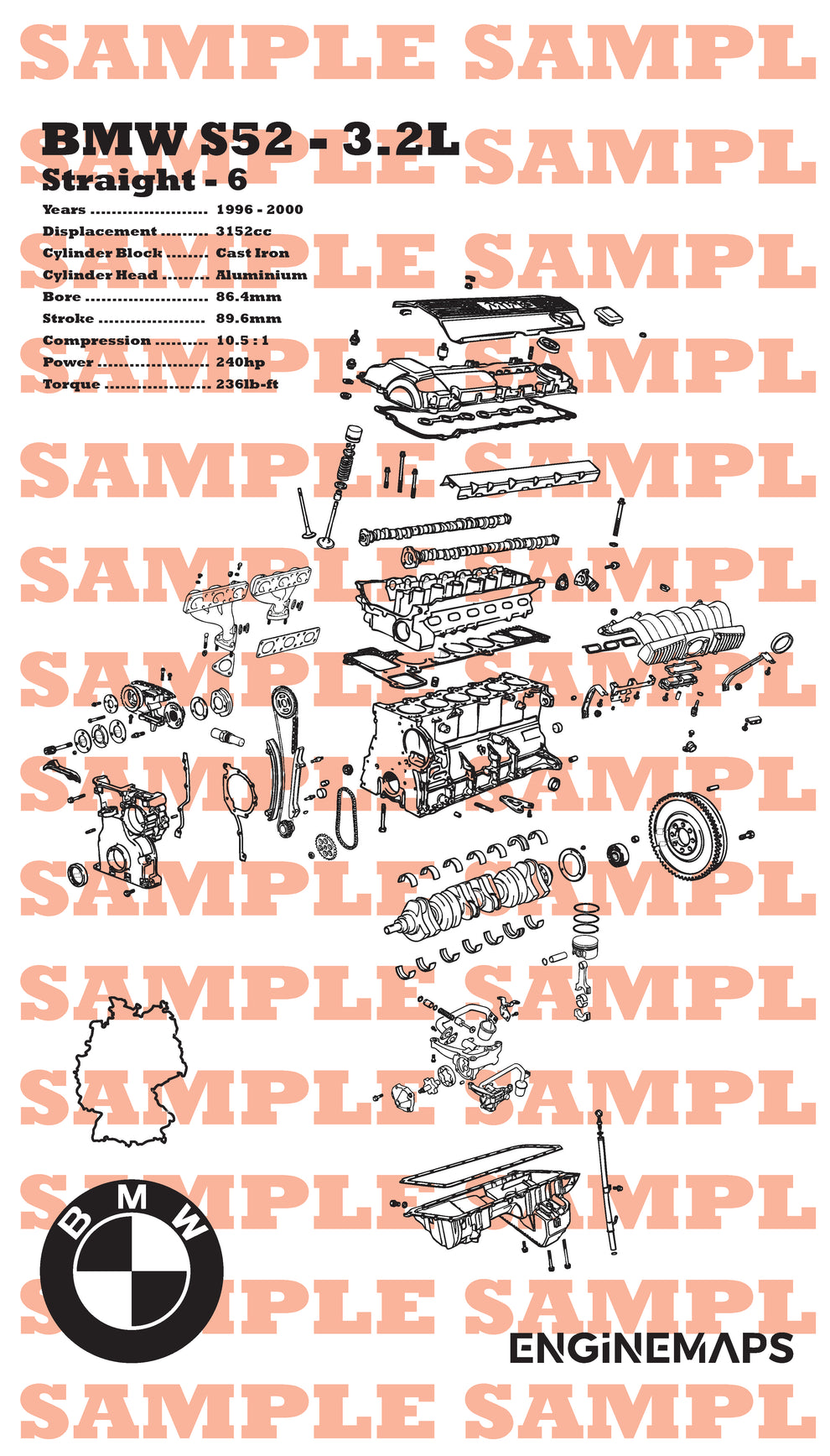 BMW S52 3.2L exploded view banner – EngineMaps