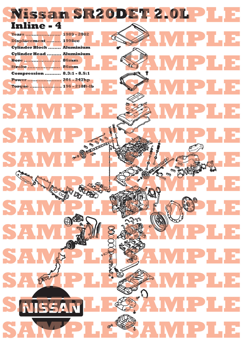 Nissan SR20DET (Pre VCT) (Pulsar Intake) Engine Exploded View Poster ...