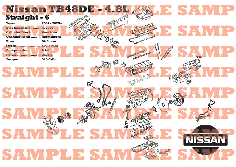 Nissan TB48DE 4.8L exploded view poster – EngineMaps