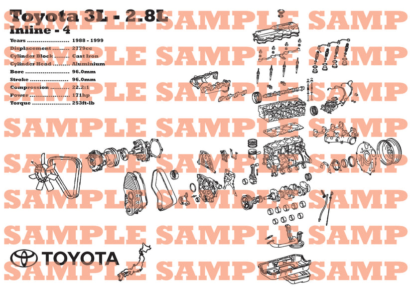 Toyota 3L 2.8L exploded view poster – EngineMaps
